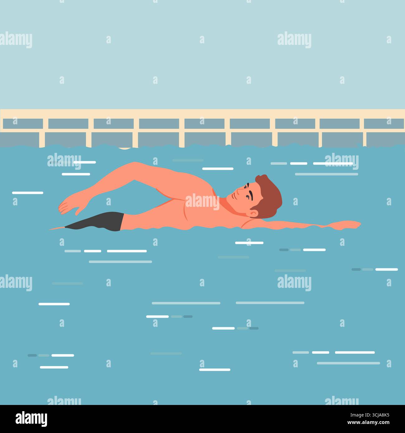 Swimming man practicing freestyle stroke in pool, featuring calm water ...