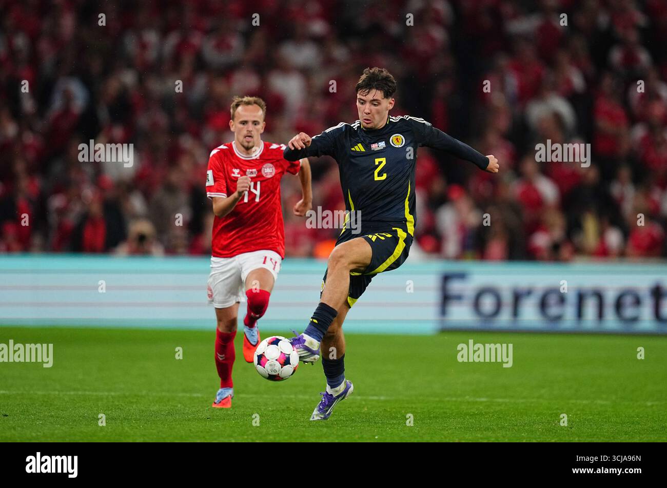September 05 2025: Aaron Hickey of Scotland controls the ball during a ...