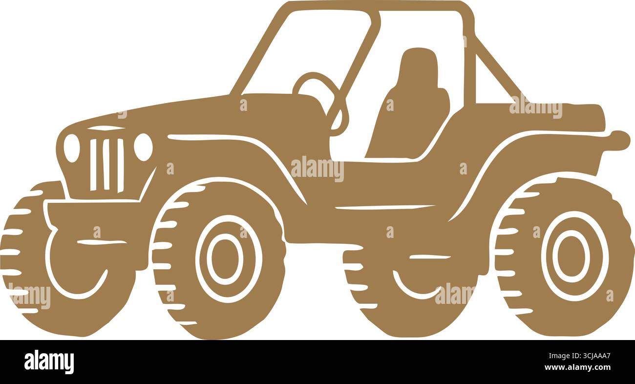 A simplified four wheel jeep with roll bars and seated driver is ...