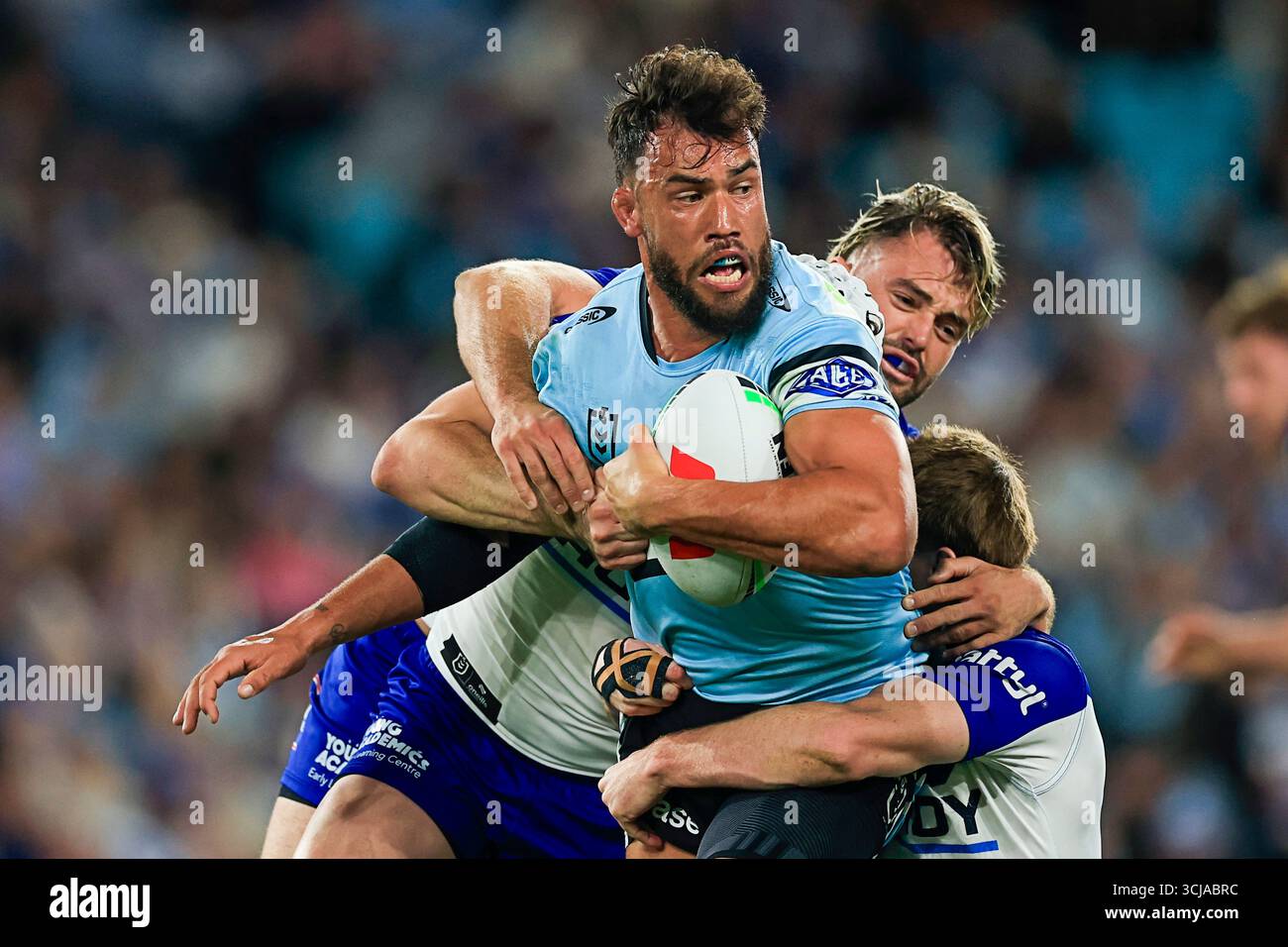 Toby Rudolf of the Sharks is tackled during the NRL Round 27 match ...