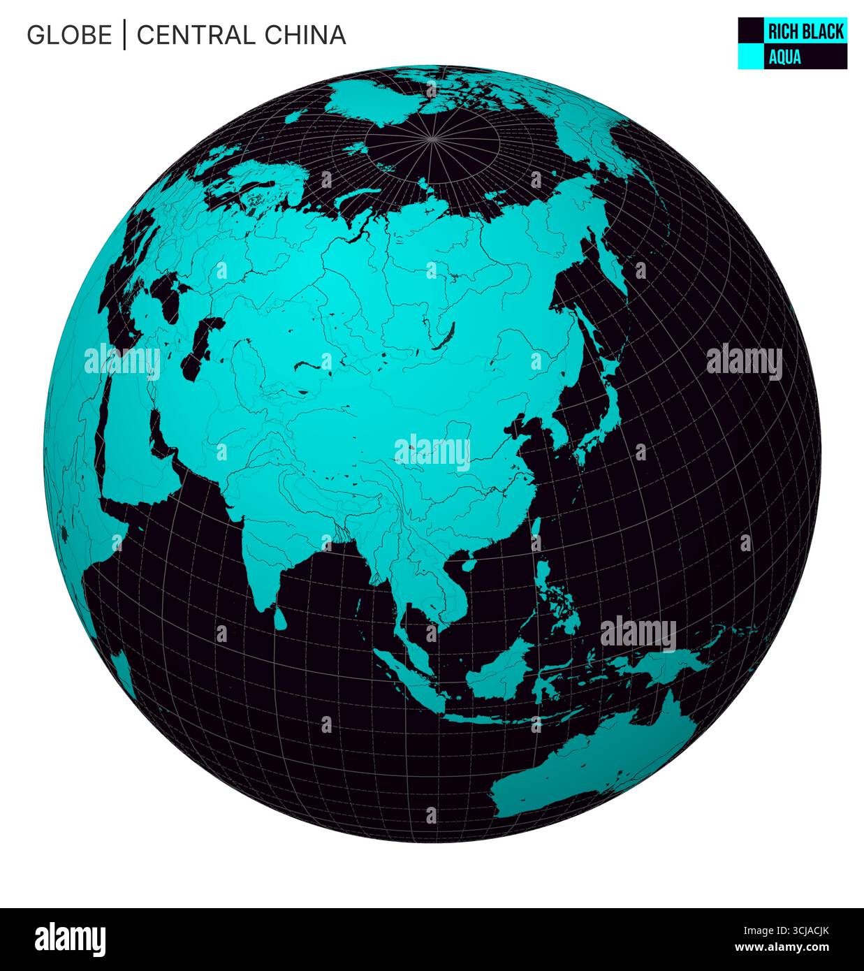 Vector Globe centered on Central China. Rich Black Aqua palette. World ...