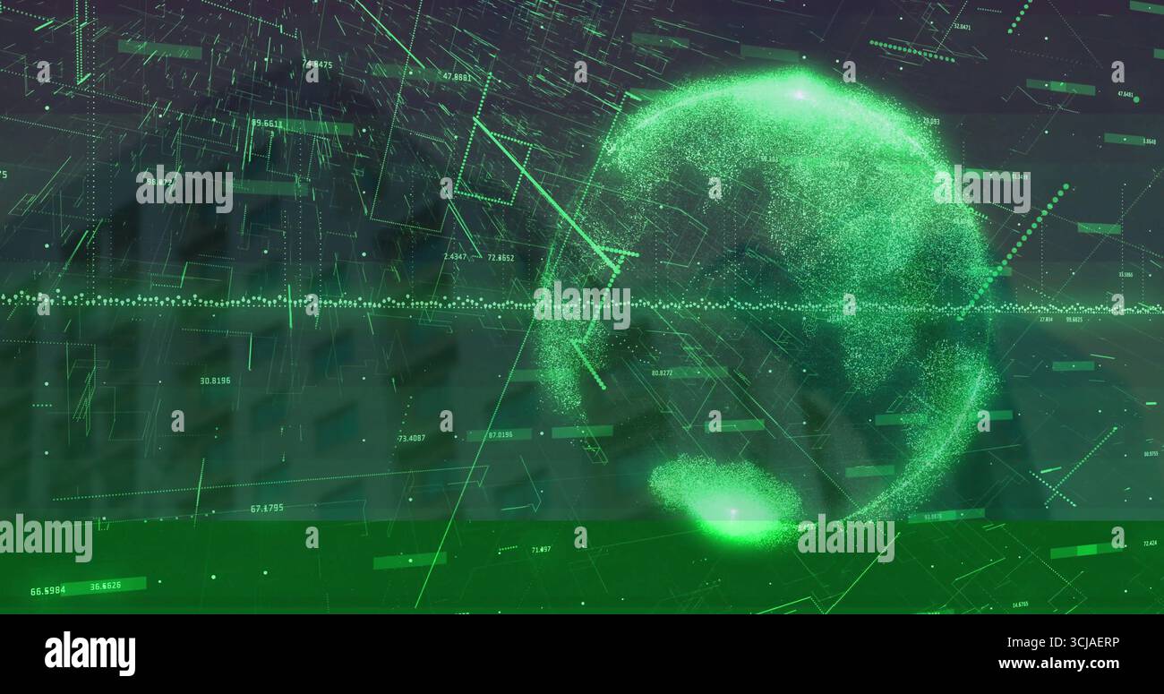 Rendering glowing green digital globe floating amid faint grid lines with data readouts, copy ...