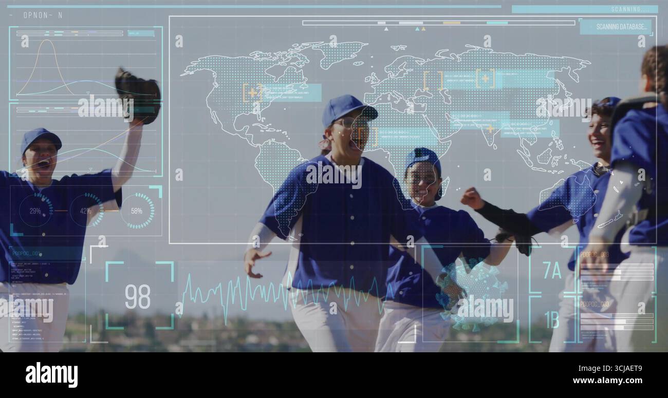Celebrating female baseball team wearing uniforms on baseball field ...
