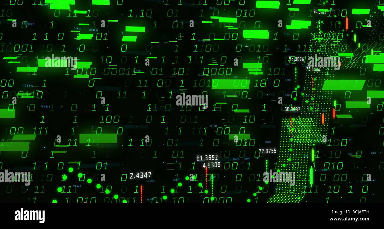 Displaying data display on screen with binary digits, green bars ...