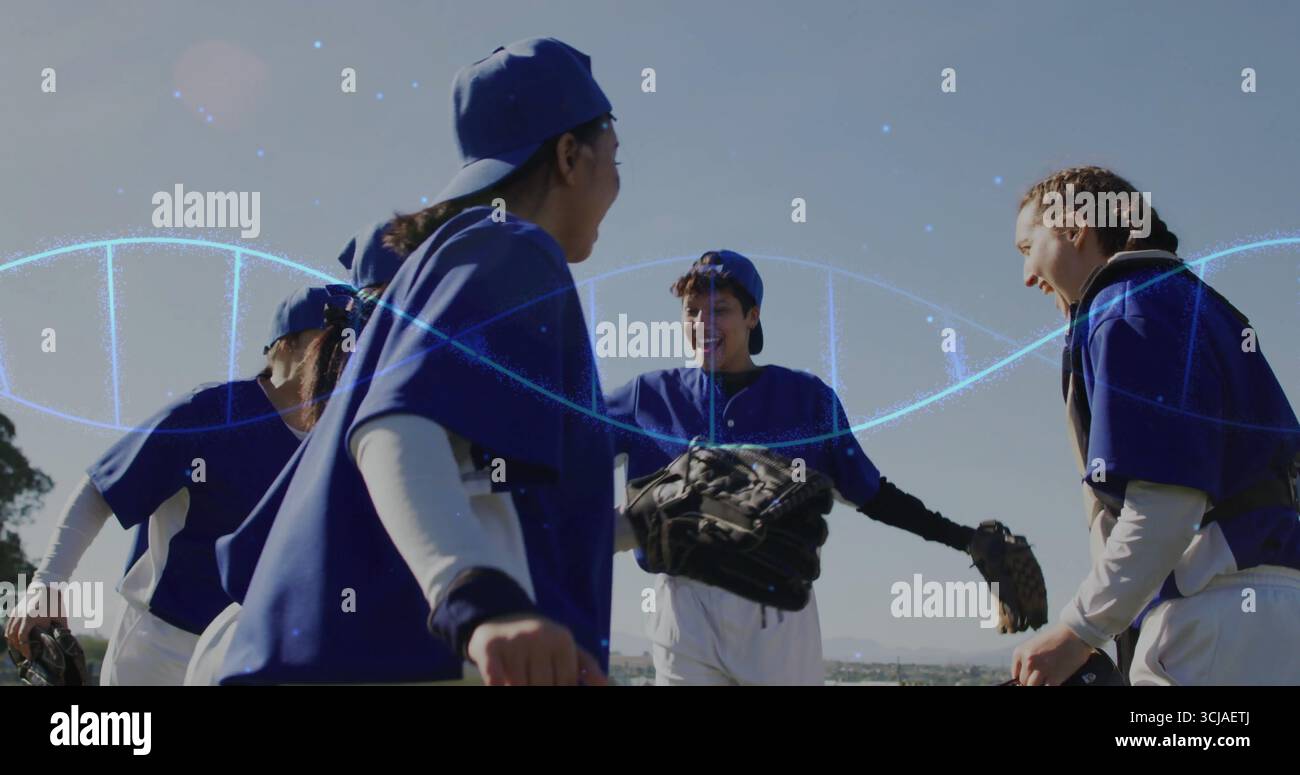 Female players in matching blue baseball uniforms cheering on field ...