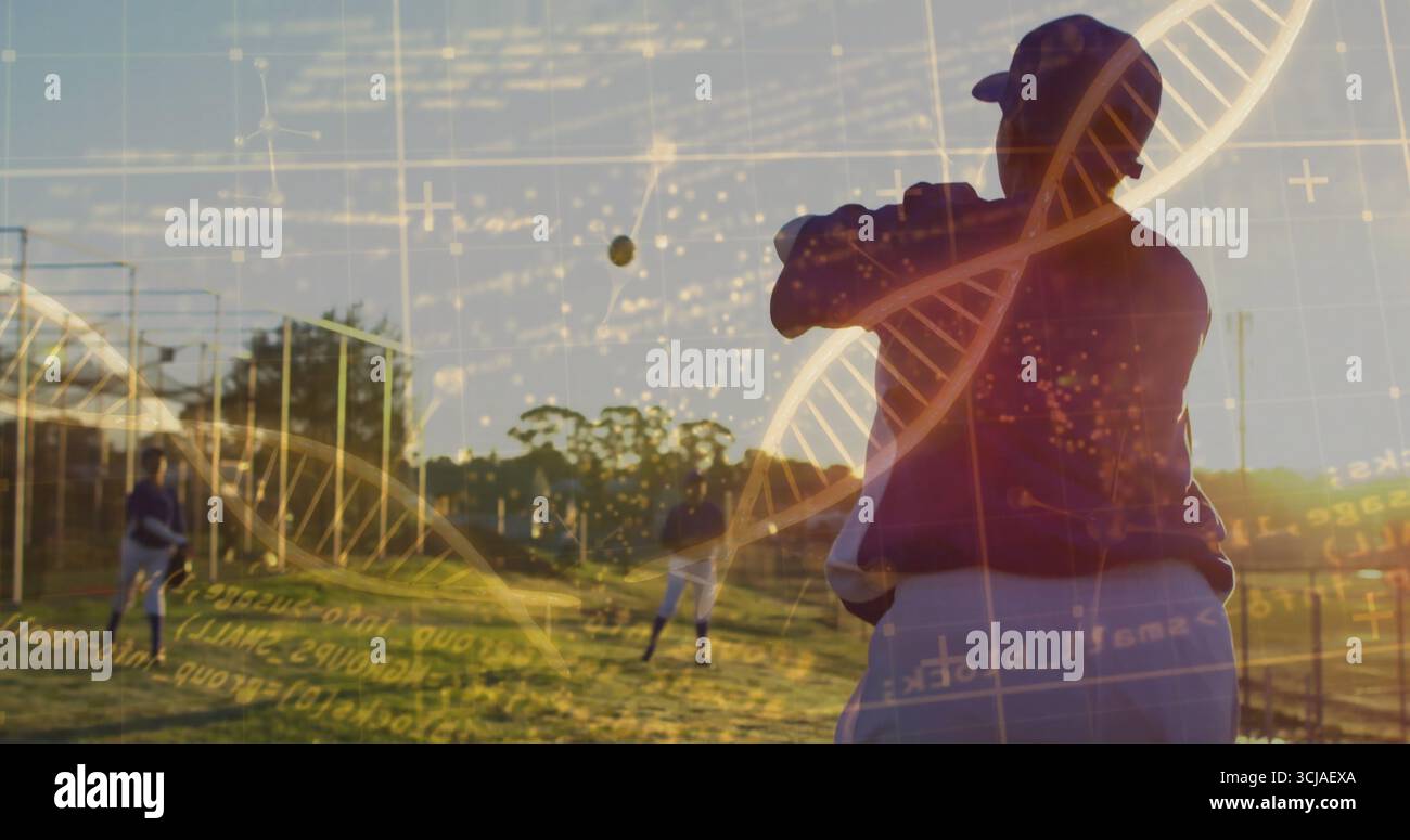 Pitching baseball, pitcher wearing cap and glove on sunset field, with ...