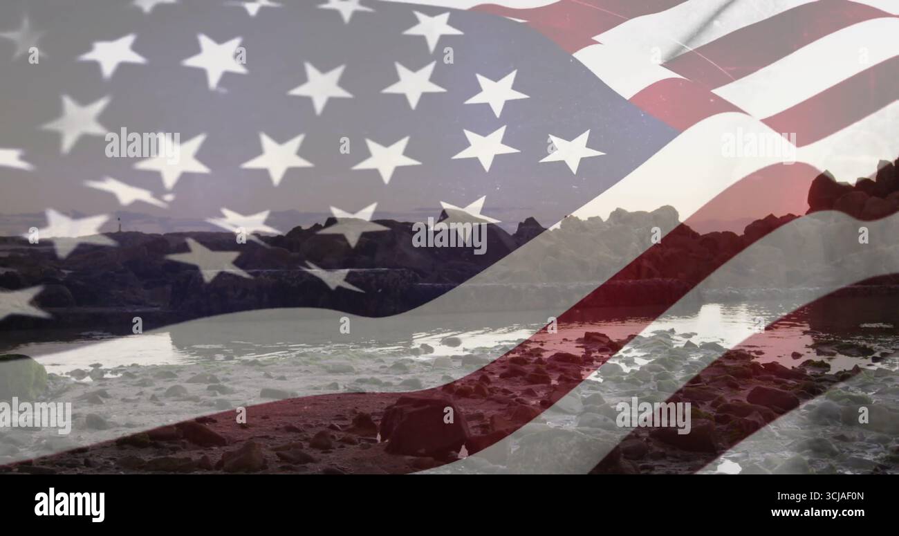 Featuring American flag overlay across rocky shoreline, with scattered ...