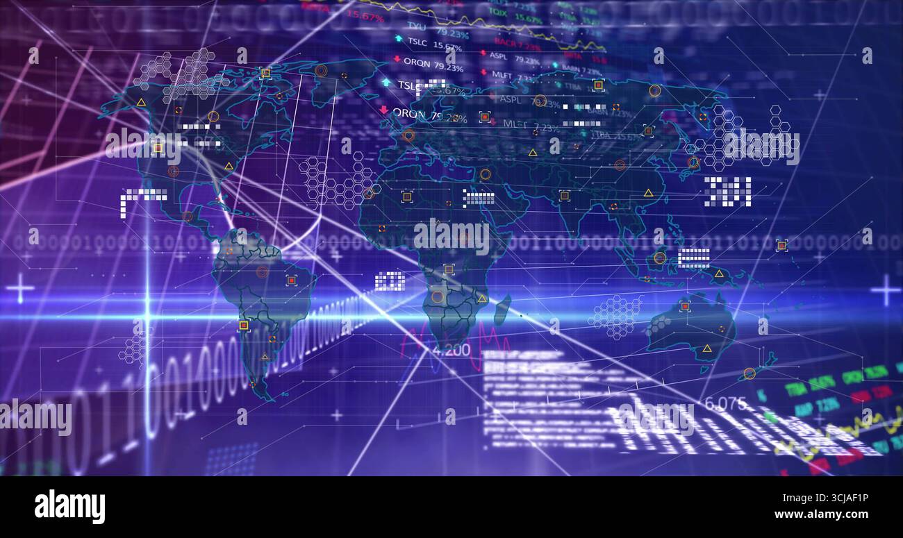 Displaying holographic world map in virtual interface, with neon gridlines and binary streams ...