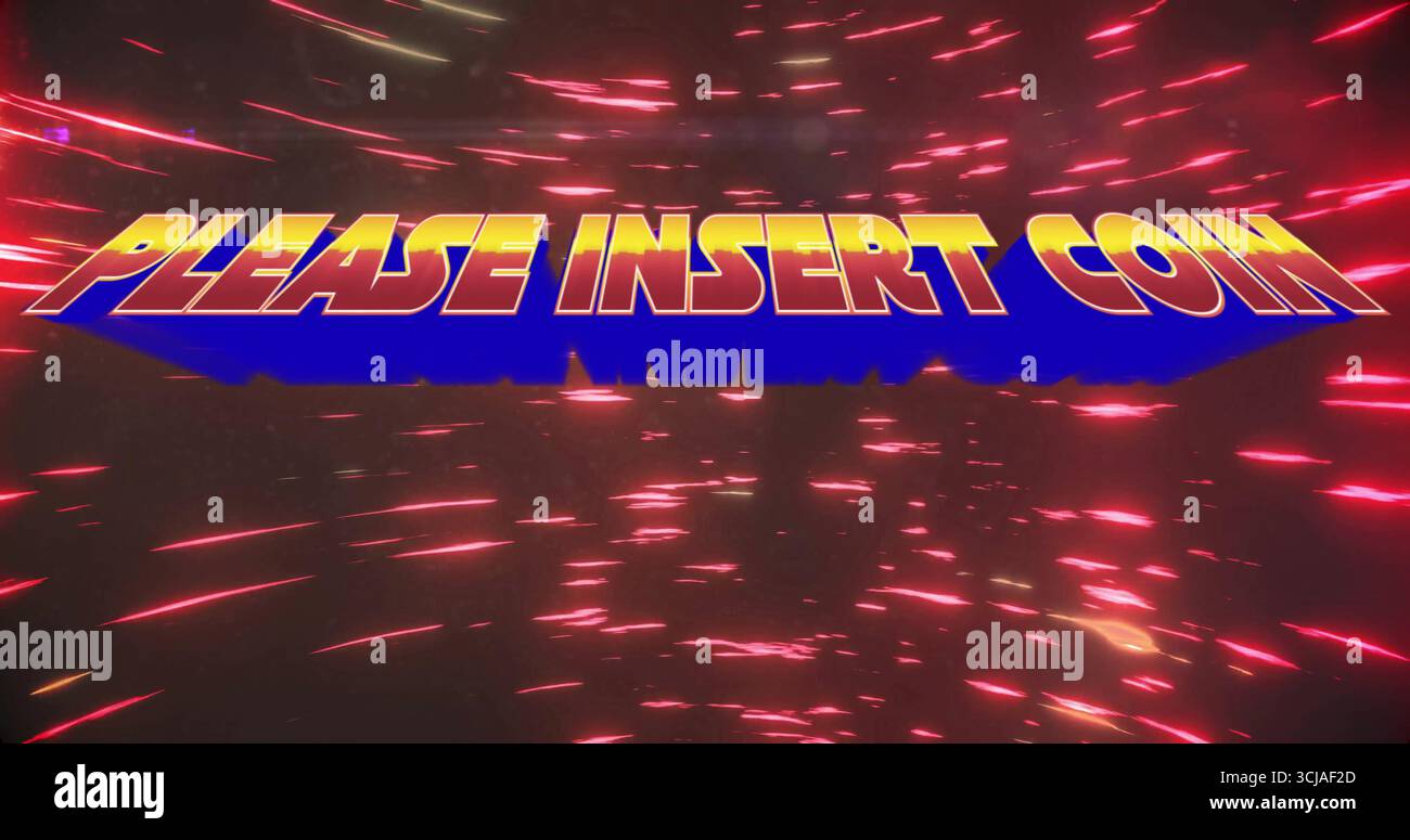 Displaying retro 3D arcade text reading PLEASE INSERT COIN in cosmic ...