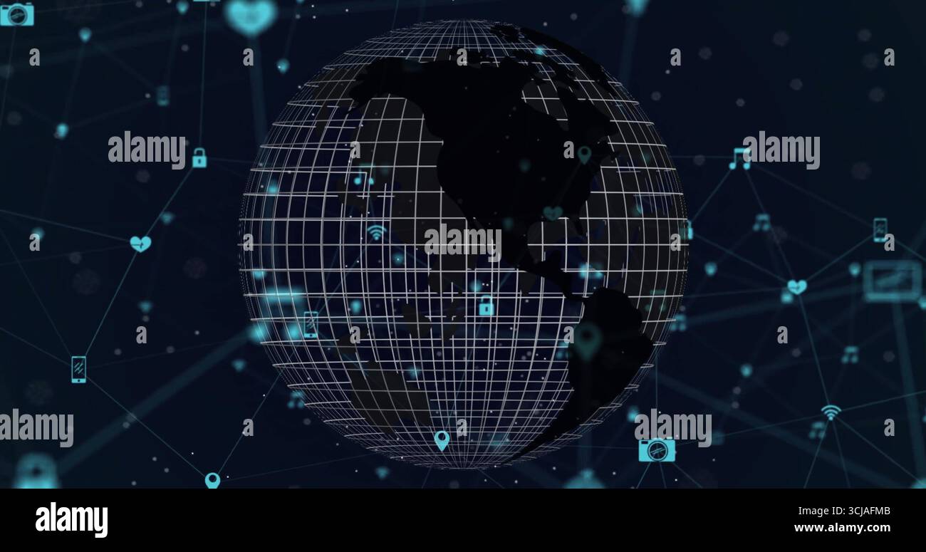 Rotating 3D wireframe globe in digital void displaying padlock wifi ...