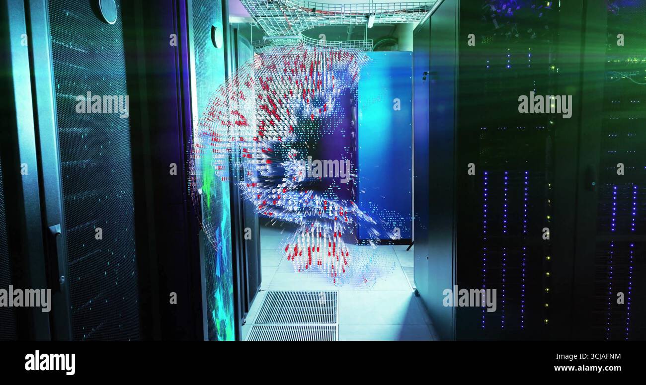 Displaying holographic data swirl spinning inside data center corridor ...