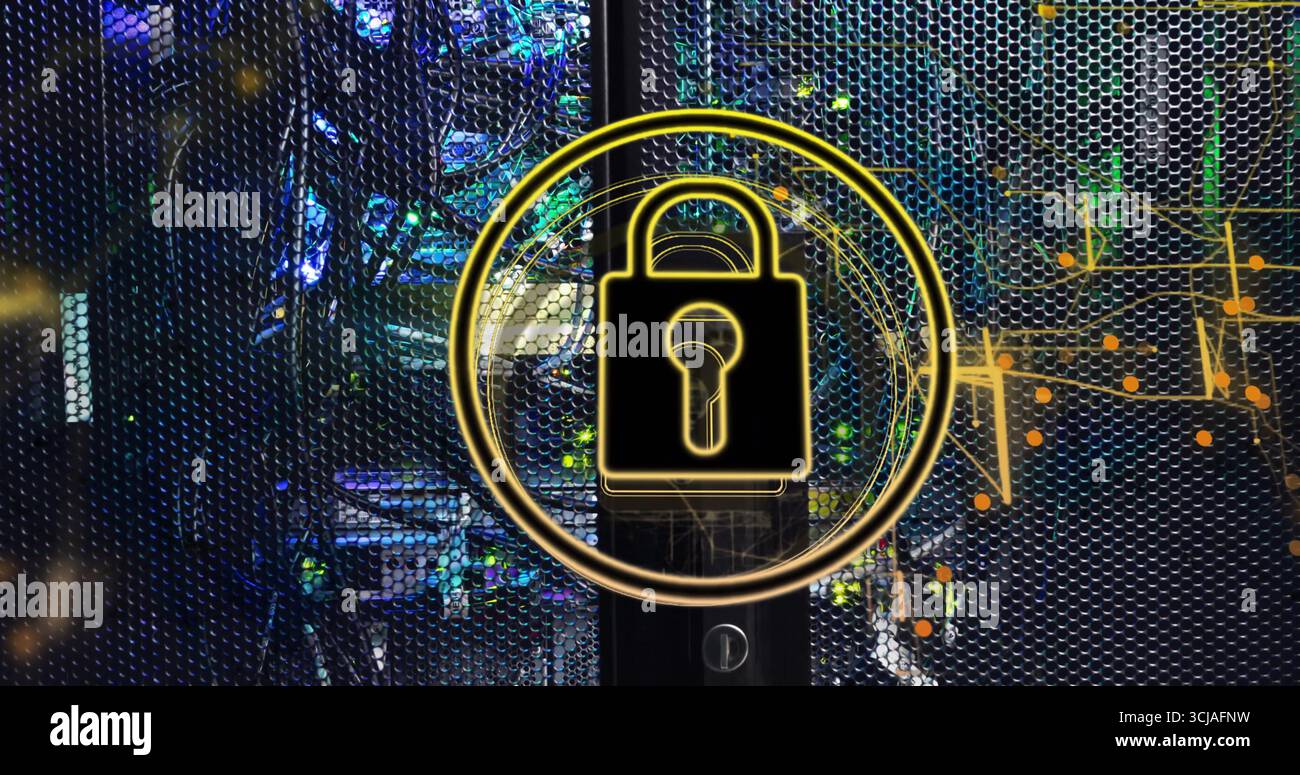 Displaying glowing padlock overlaying server rack mesh in secure data center, network node ...