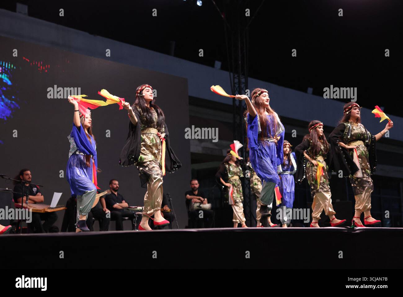 A Kurdish traditional dance troupe performs during the Damascus ...