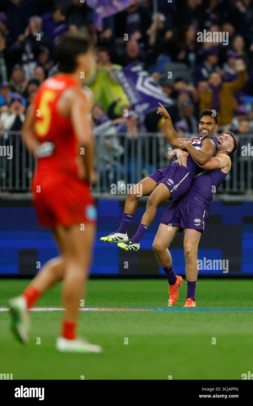 Isaiah Dudley of the Dockers celebrates his goal during the AFL ...