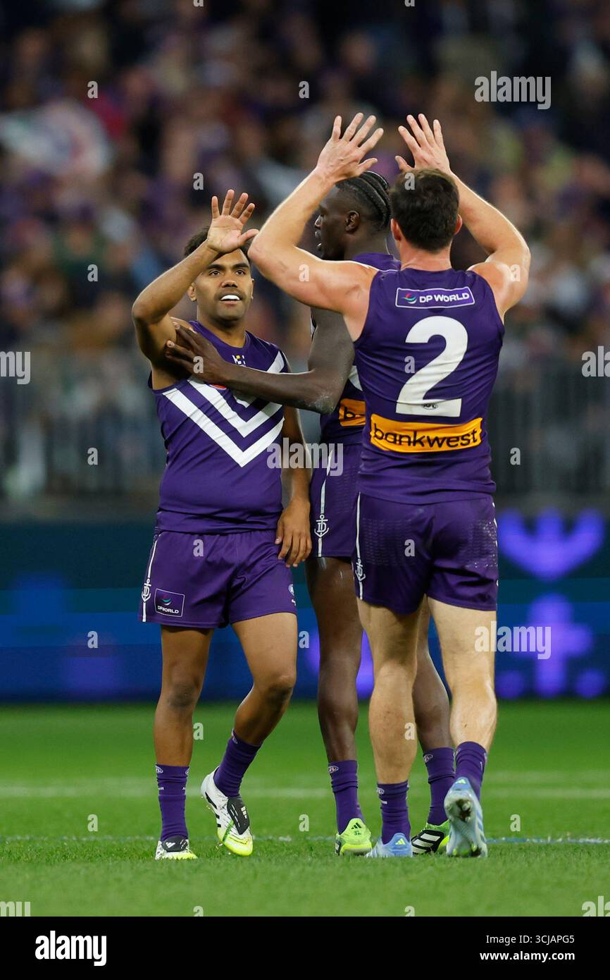 Isaiah Dudley of the Dockers celebrates his goal during the AFL ...