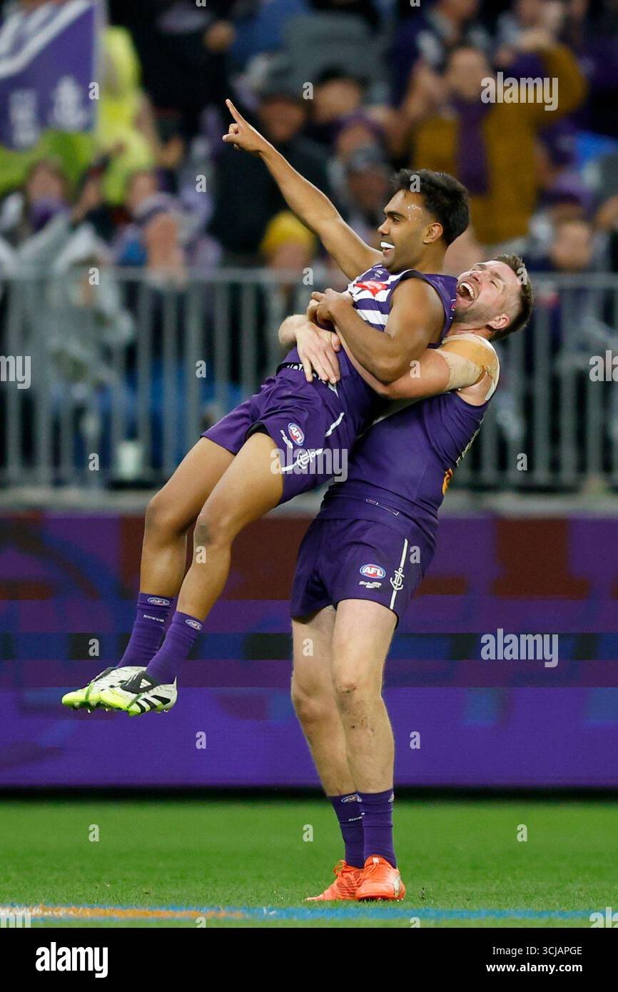 Isaiah Dudley of the Dockers celebrates his goal during the AFL ...