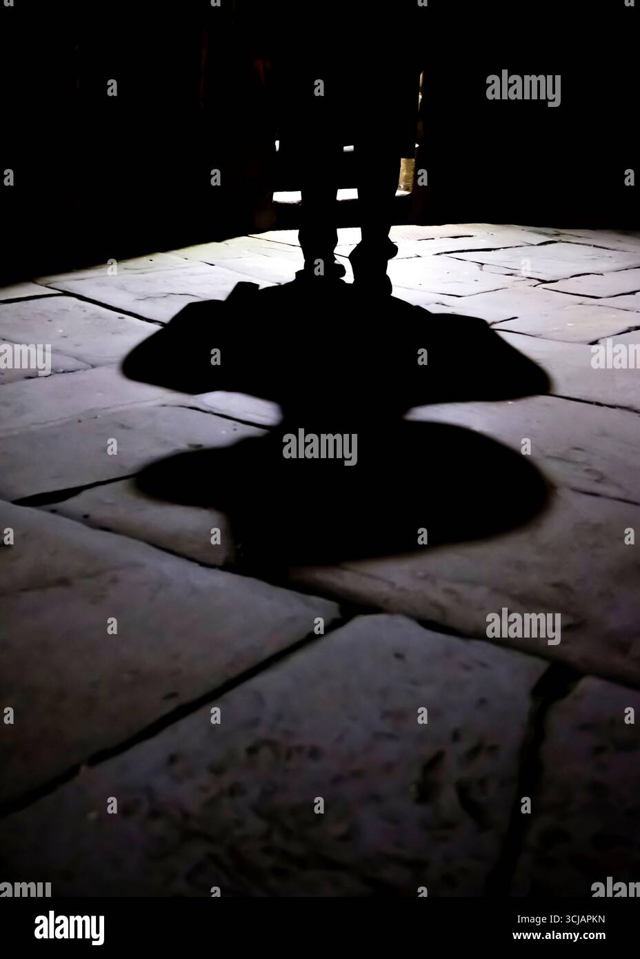 A person's silhouette is cast on the ground, with their legs and shadow ...