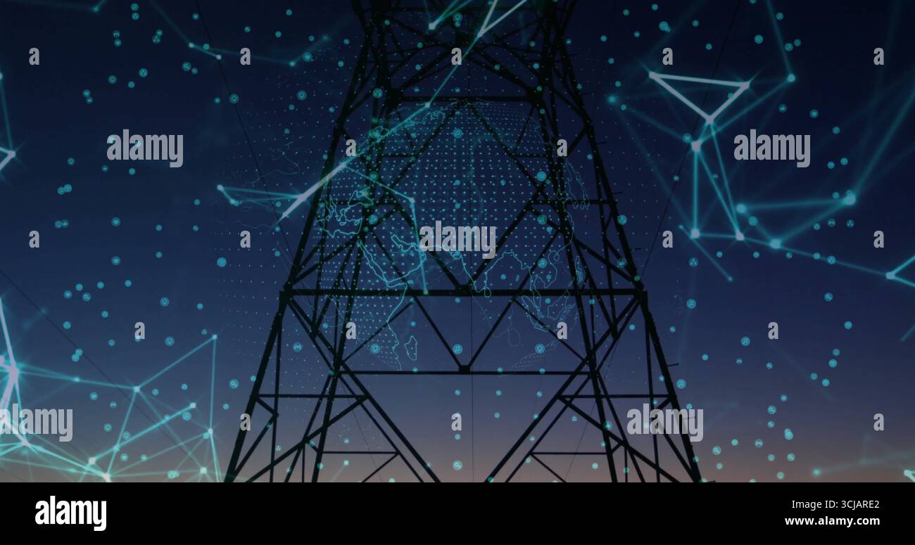 Showing transmission tower rising against dusk sky, with glowing teal ...