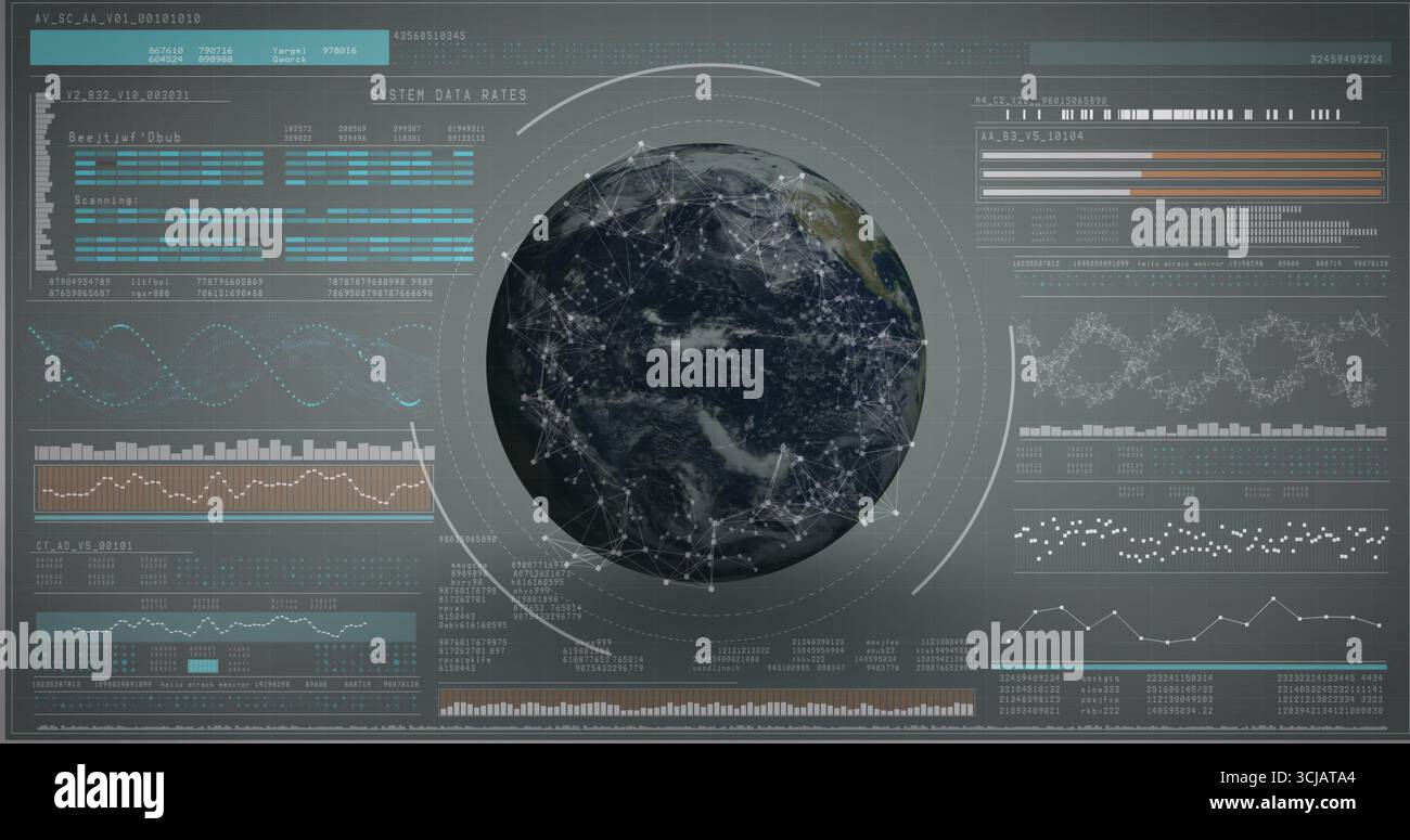 Displaying 3D-rendered globe with network nodes and panels in control ...