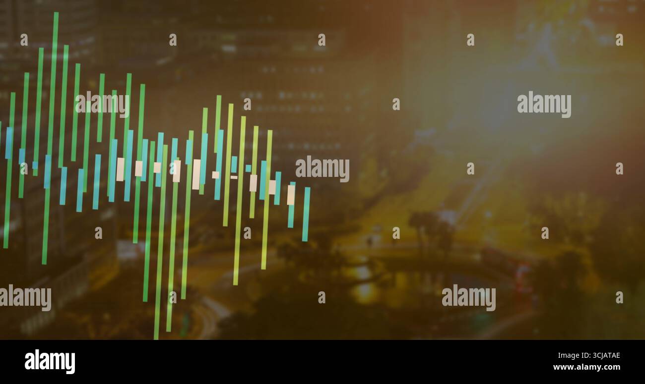 Displaying digital vertical bar visualization over towers at night ...
