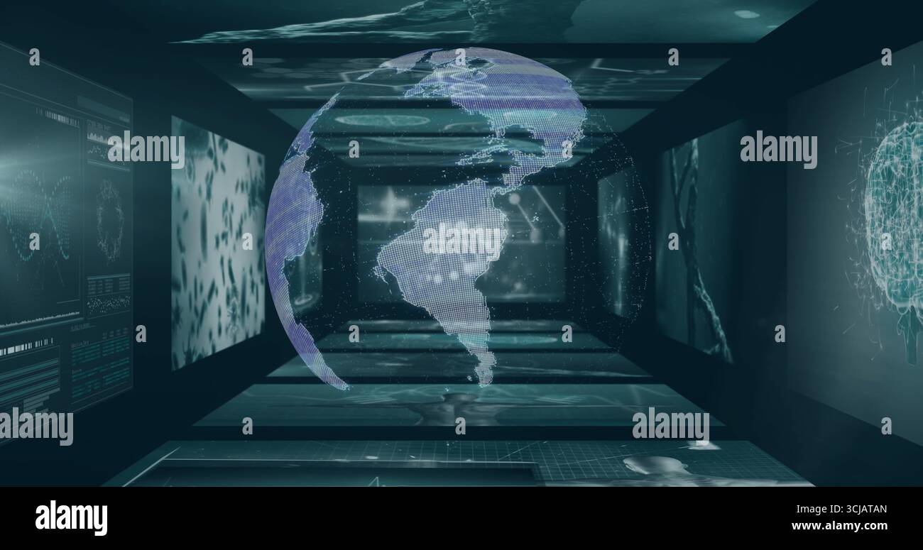 Hovering holographic globe displaying grid continents in corridor, with ...