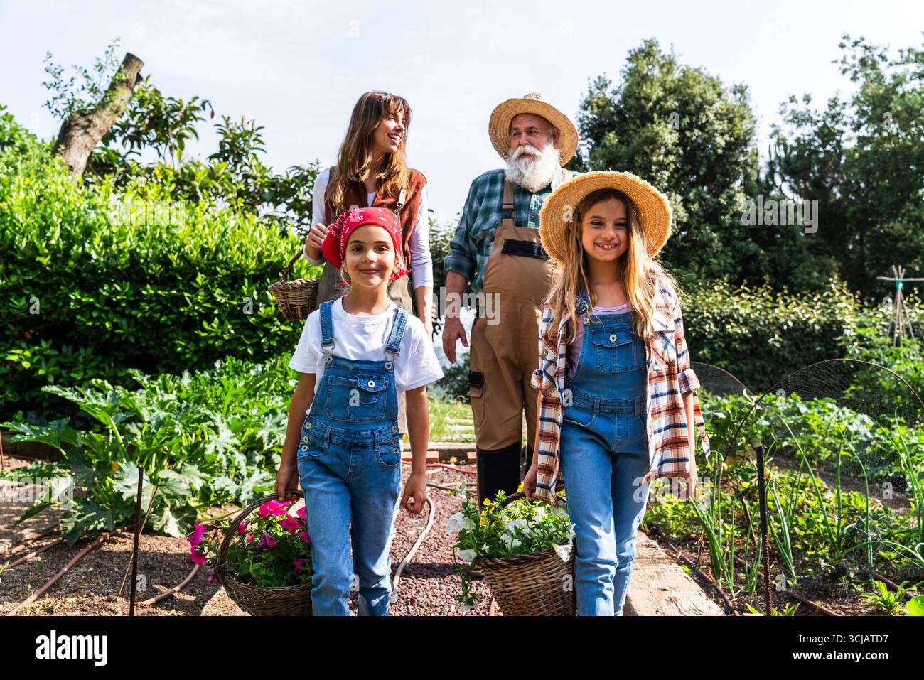 Happy family walking together on their organic farm, carrying wicker ...
