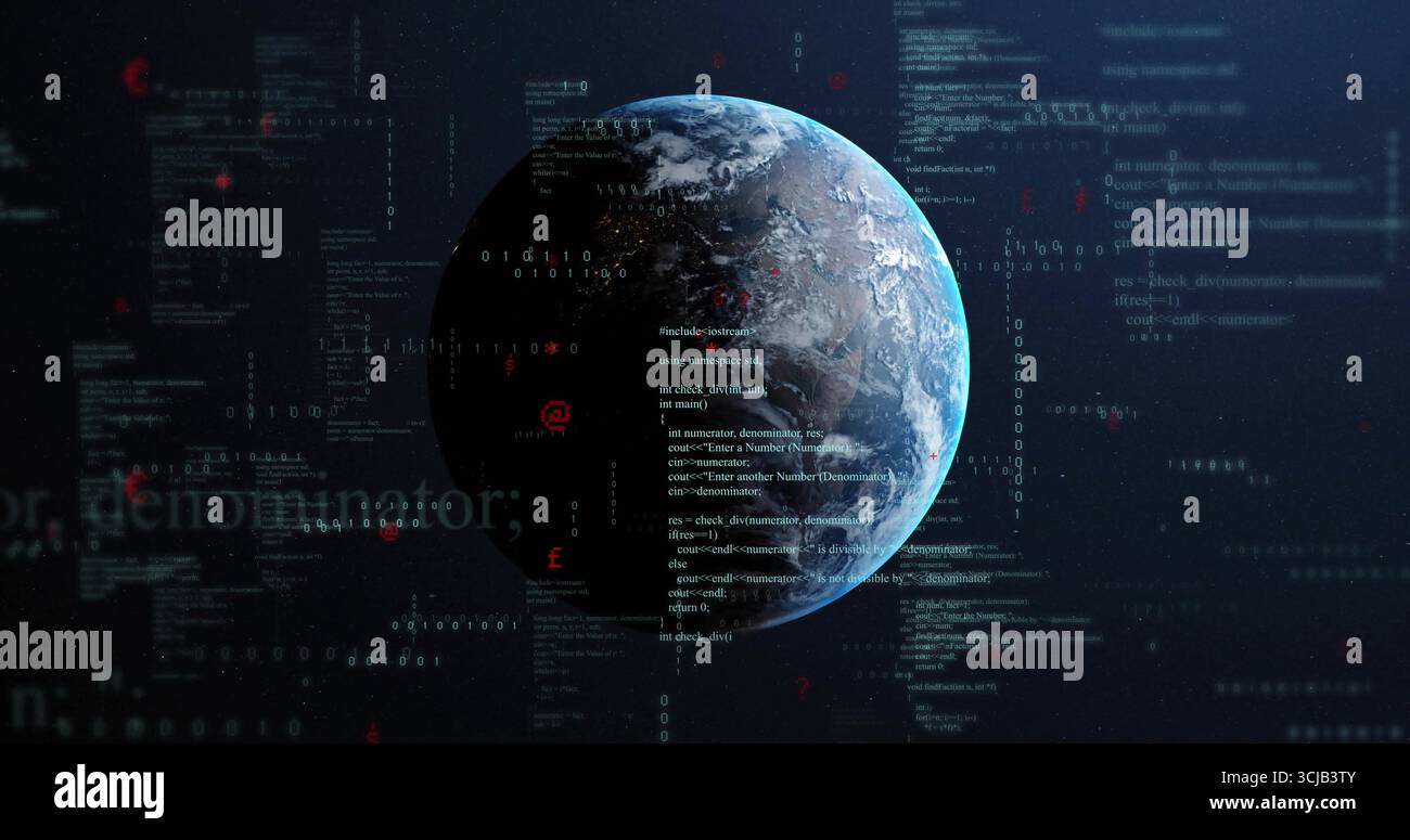 Rotating Earth floating in dark space, with code snippets, binary digits and alphanumeric codes ...