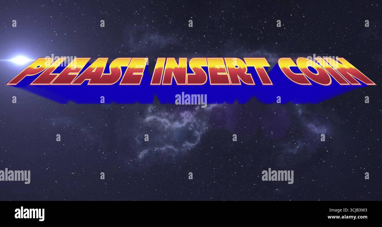 Floating retro arcade style 3D text reading PLEASE INSERT COIN in outer ...