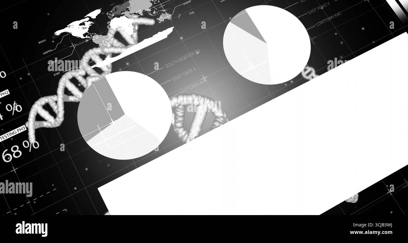 Displaying glowing 3D DNA helix over grid interface, with pie charts ...