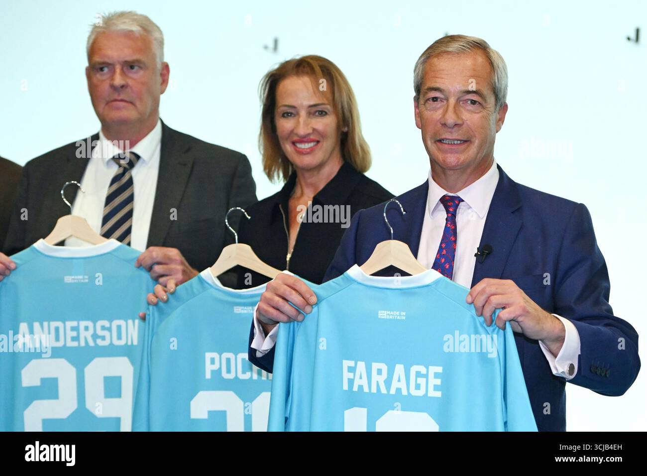 Reform party members Lee Anderson, from left, Sarah Pochin and Nigel ...