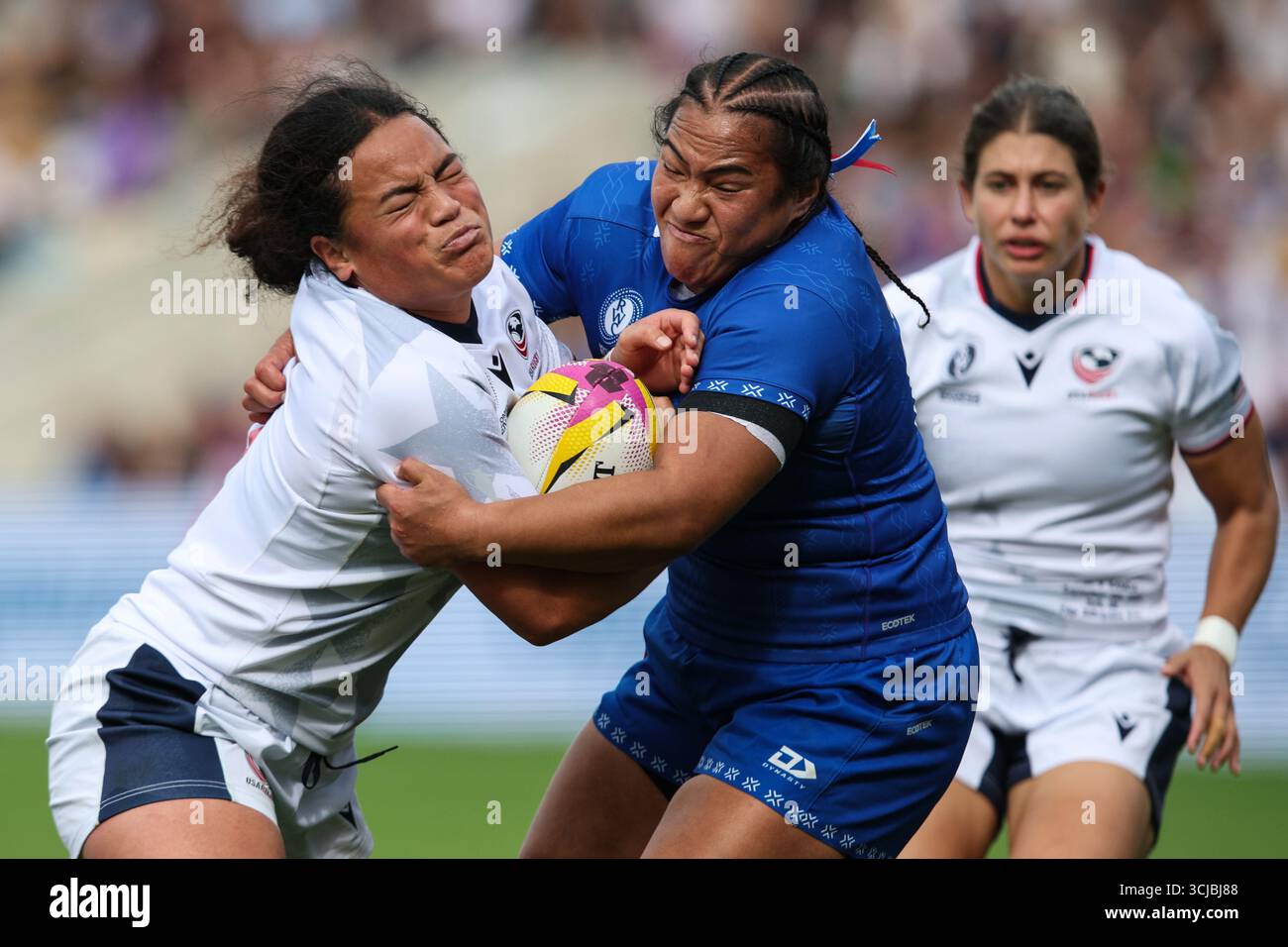 YORK, UK - 6th Sept 2025: Freda Tafuna of USA is tackled by Nina Foaese ...