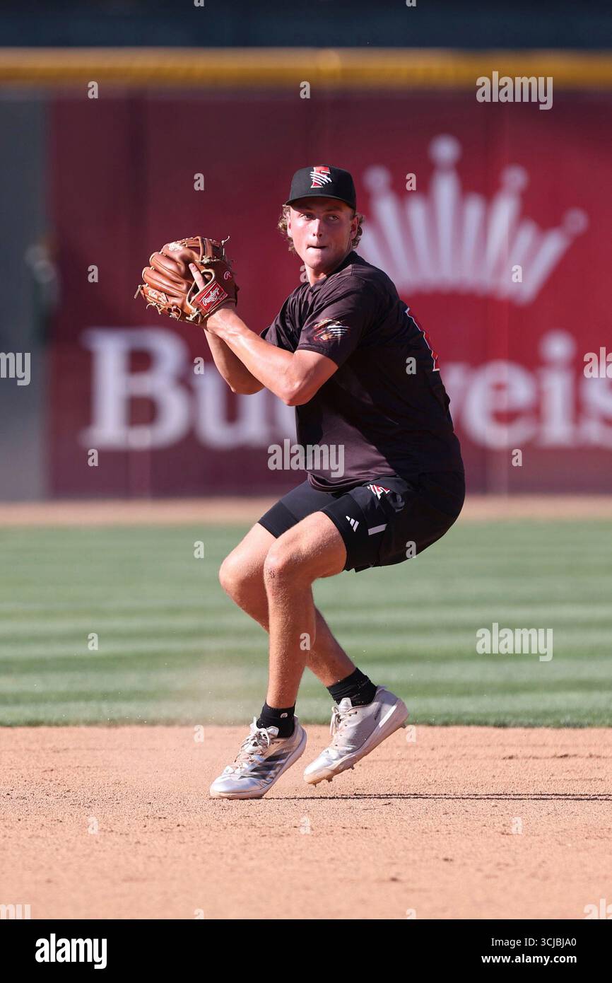 Ethan Holliday (18) of the Fresno Grizzlies takes infield practice ...
