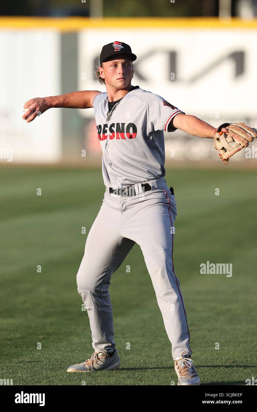 Ethan Holliday (18) of the Fresno Grizzlies throws before a game ...