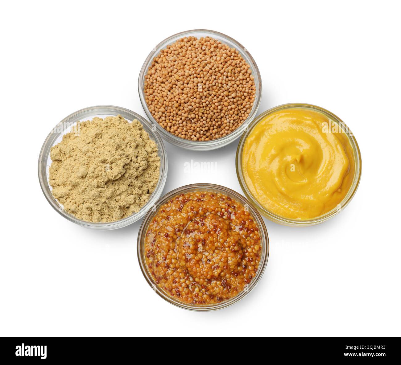 Different types of mustard isolated on white, top view Stock Photo - Alamy