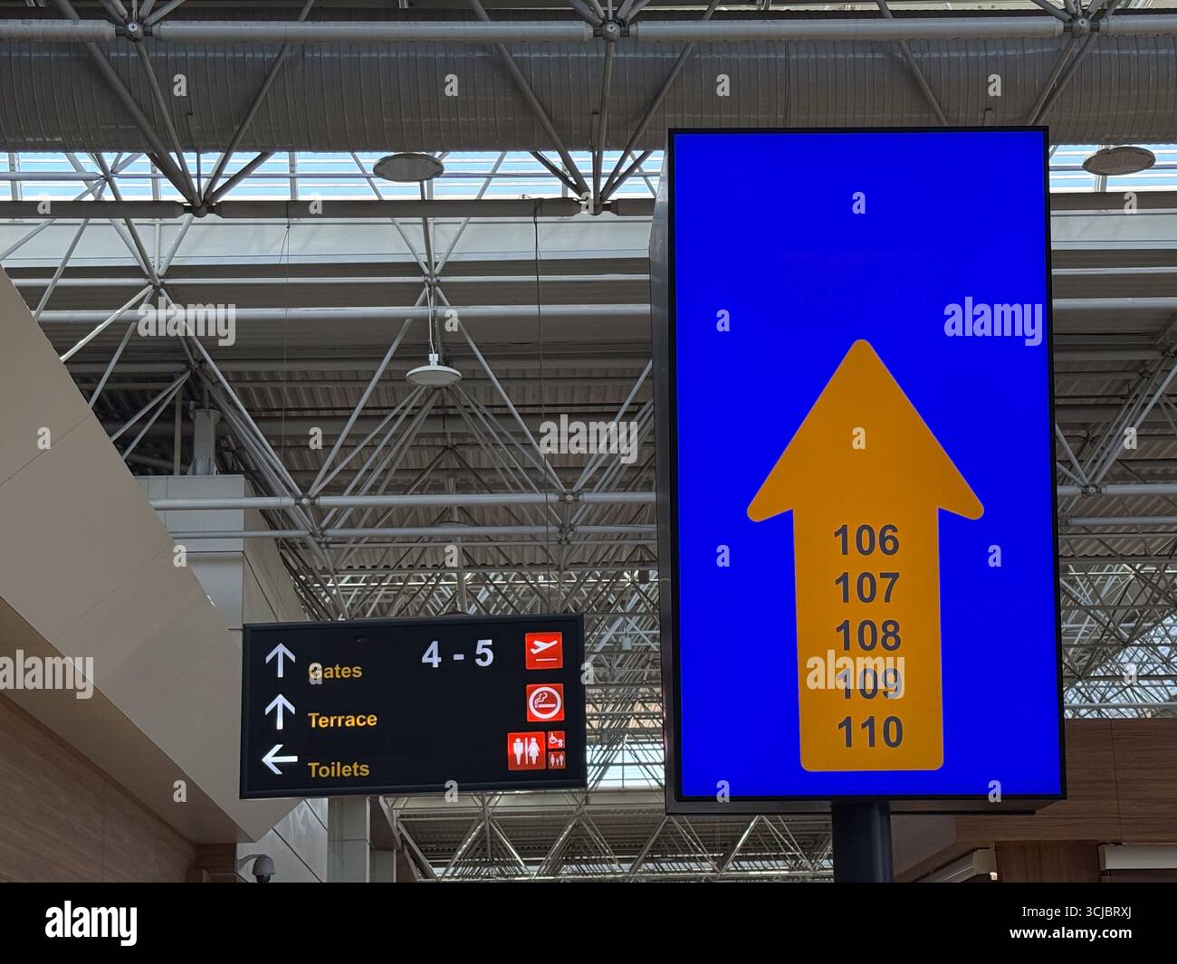 Airport direction signs for boarding gates and facilities. Navigation ...