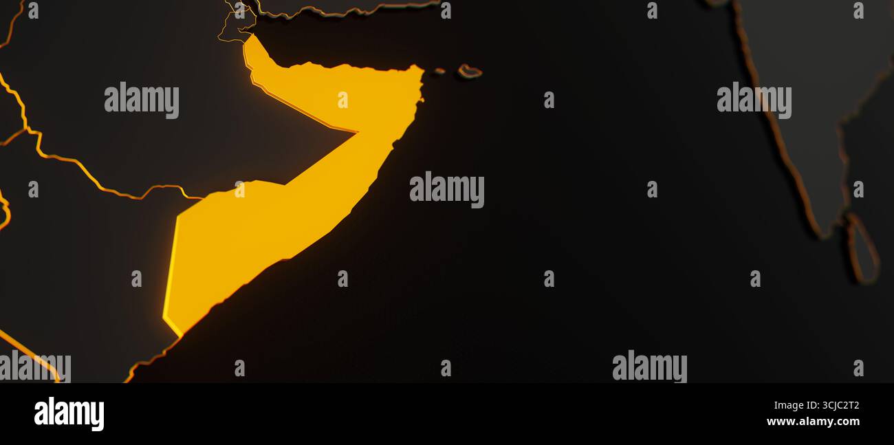 Golden Somalia 3d map surrounded with other countries in black with ...