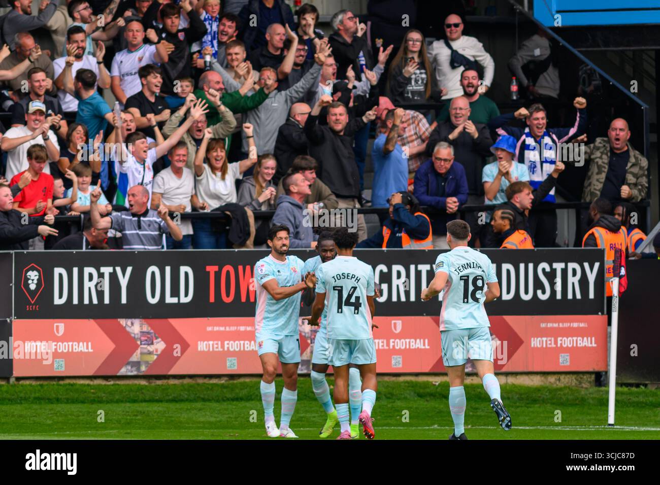 Tranmere players celebrate their equalising goal during the Sky Bet ...