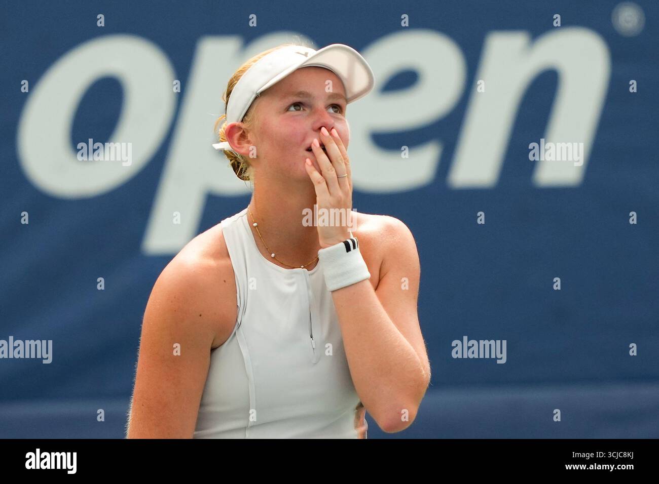 Jeline Vandromme, of Belgium, reacts after defeating Lea Nilsson, of ...
