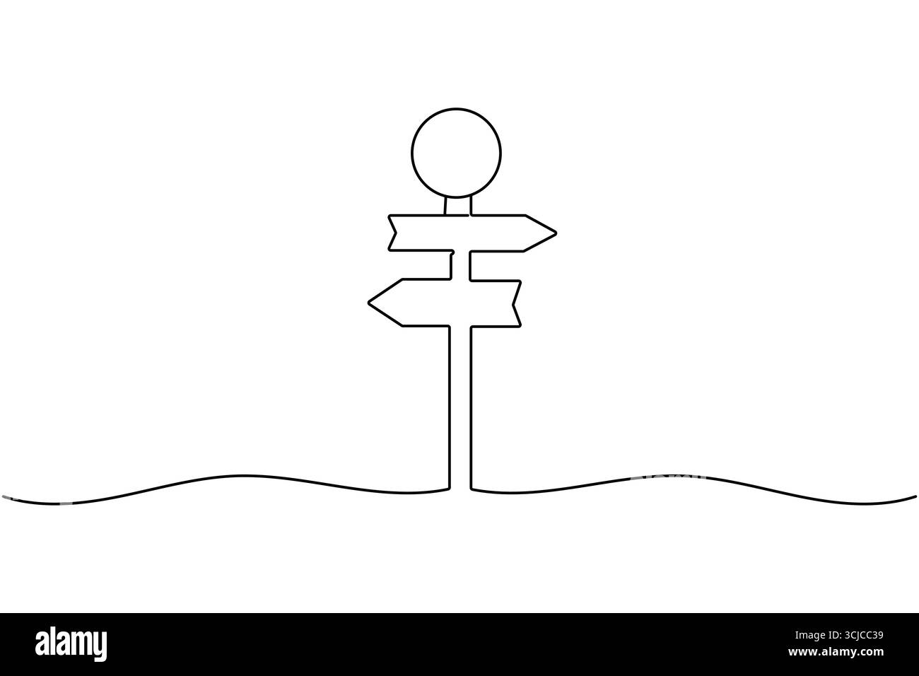 One line drawing of road directional signpost with arrows showing ...