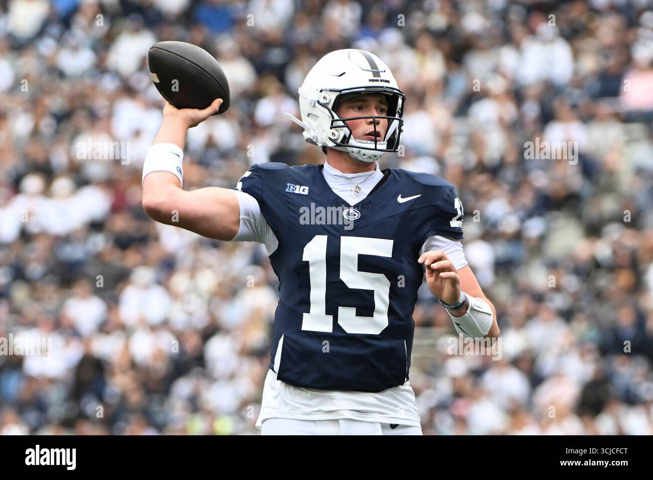 Penn State quarterback Drew Allar (15) throws a touchdown pass against Florida International ...