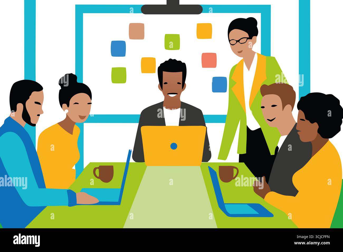 Six diverse individuals engage in a collaborative brainstorming session ...