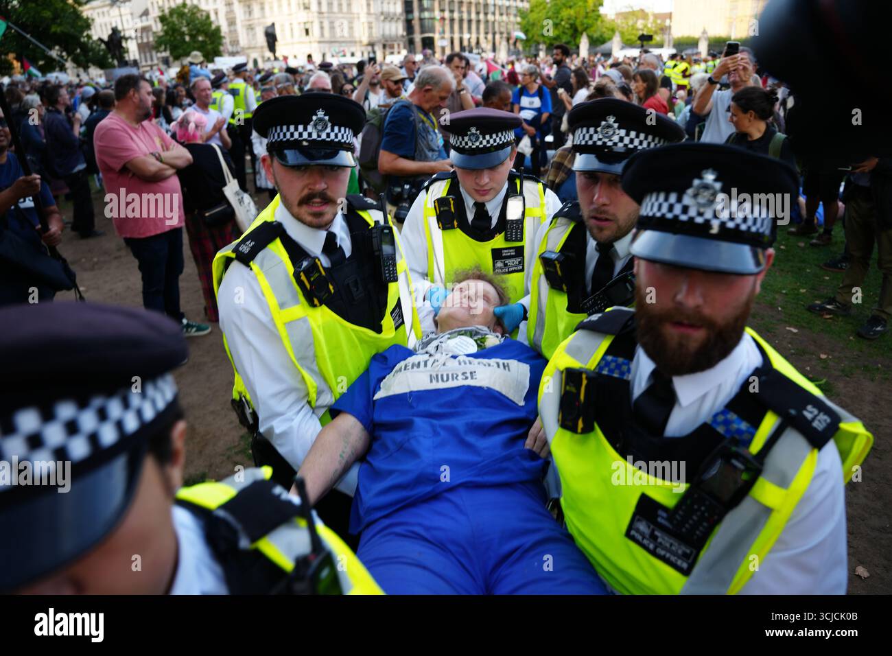 Police officers remove a protester as demonstrators take part in a Lift ...