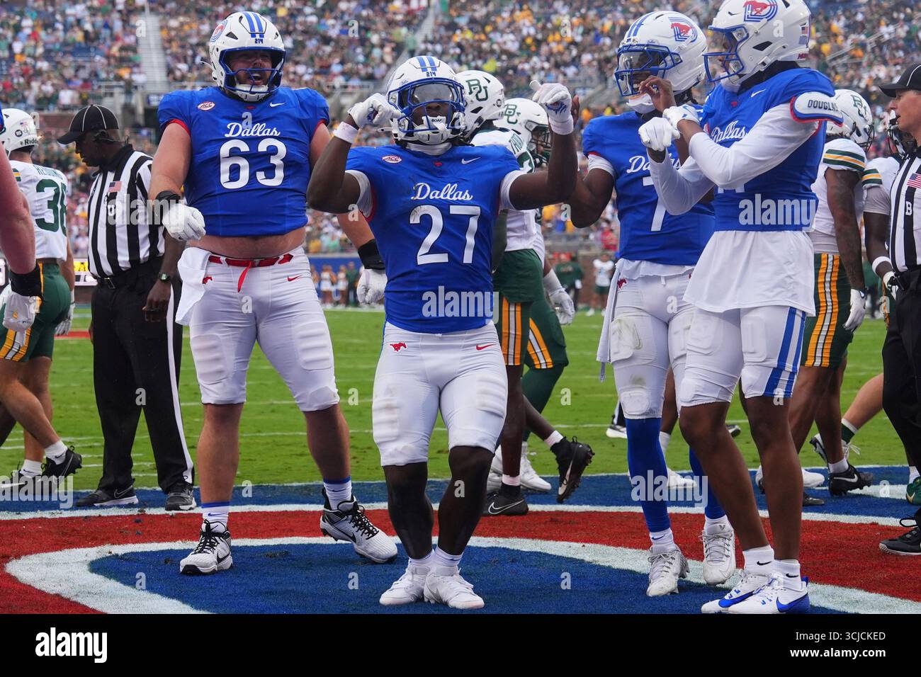 SMU running back T.J. Harden (27) celebrates his rushing touchdown with ...