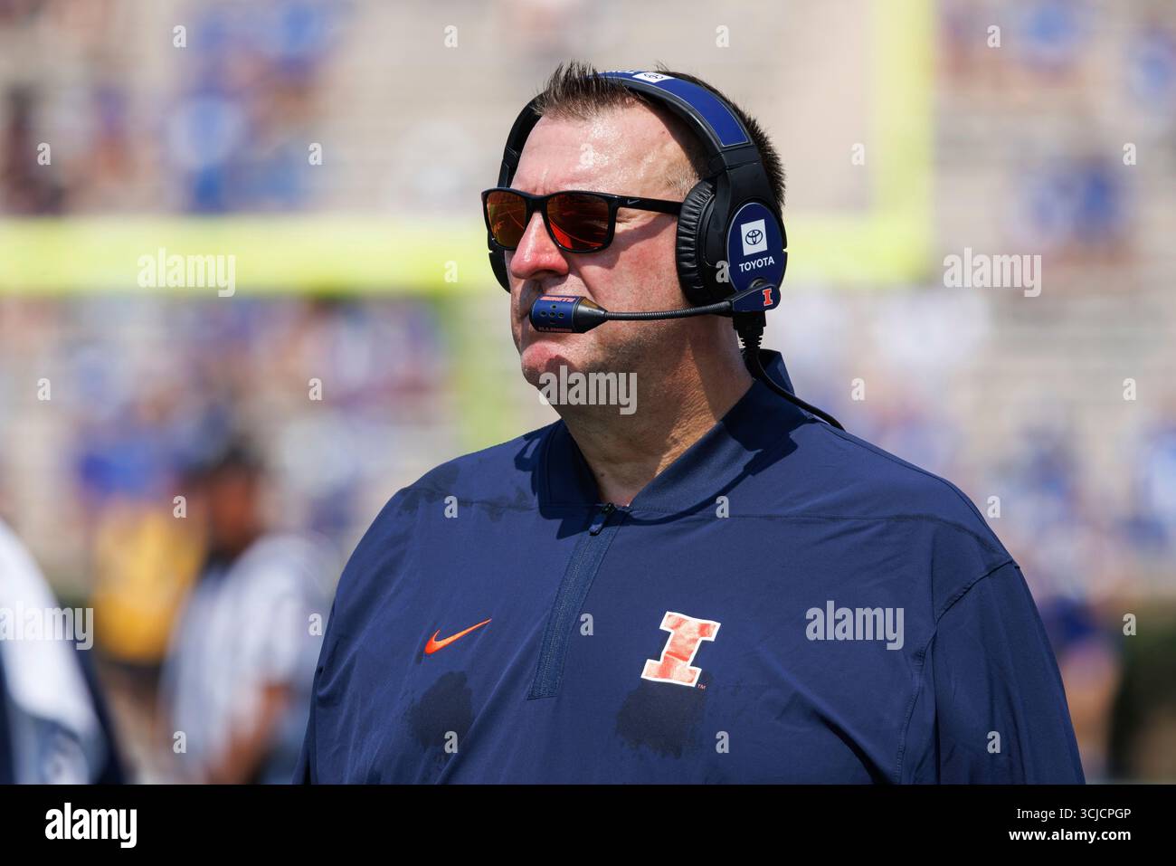 Illinois head coach Bret Bielema looks towards the field during the ...