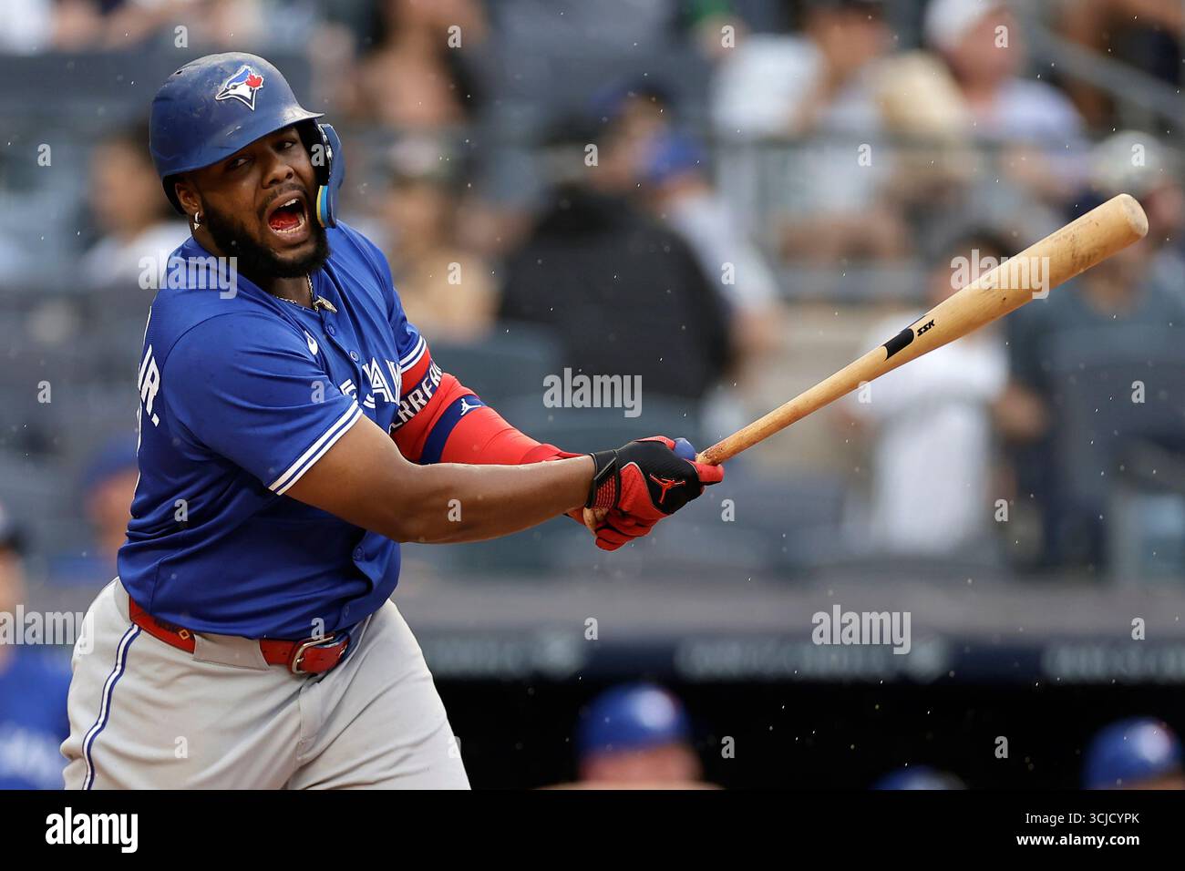 Toronto Blue Jays' Vladimir Guerrero Jr. reacts to flying out in the ...