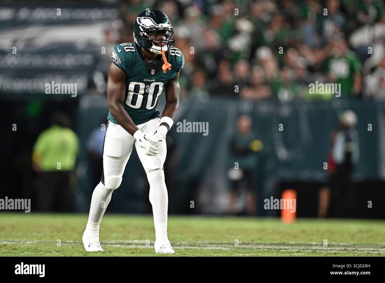 Philadelphia Eagles wide receiver John Metchie III (80) gets in ...
