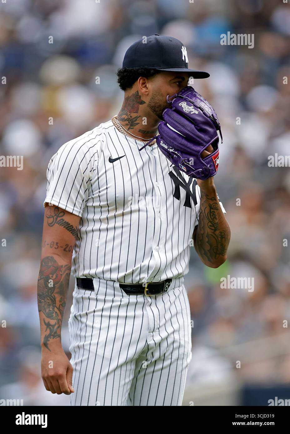 New York Yankees pitcher Luis Gil (81) reacts during the fourth inning ...