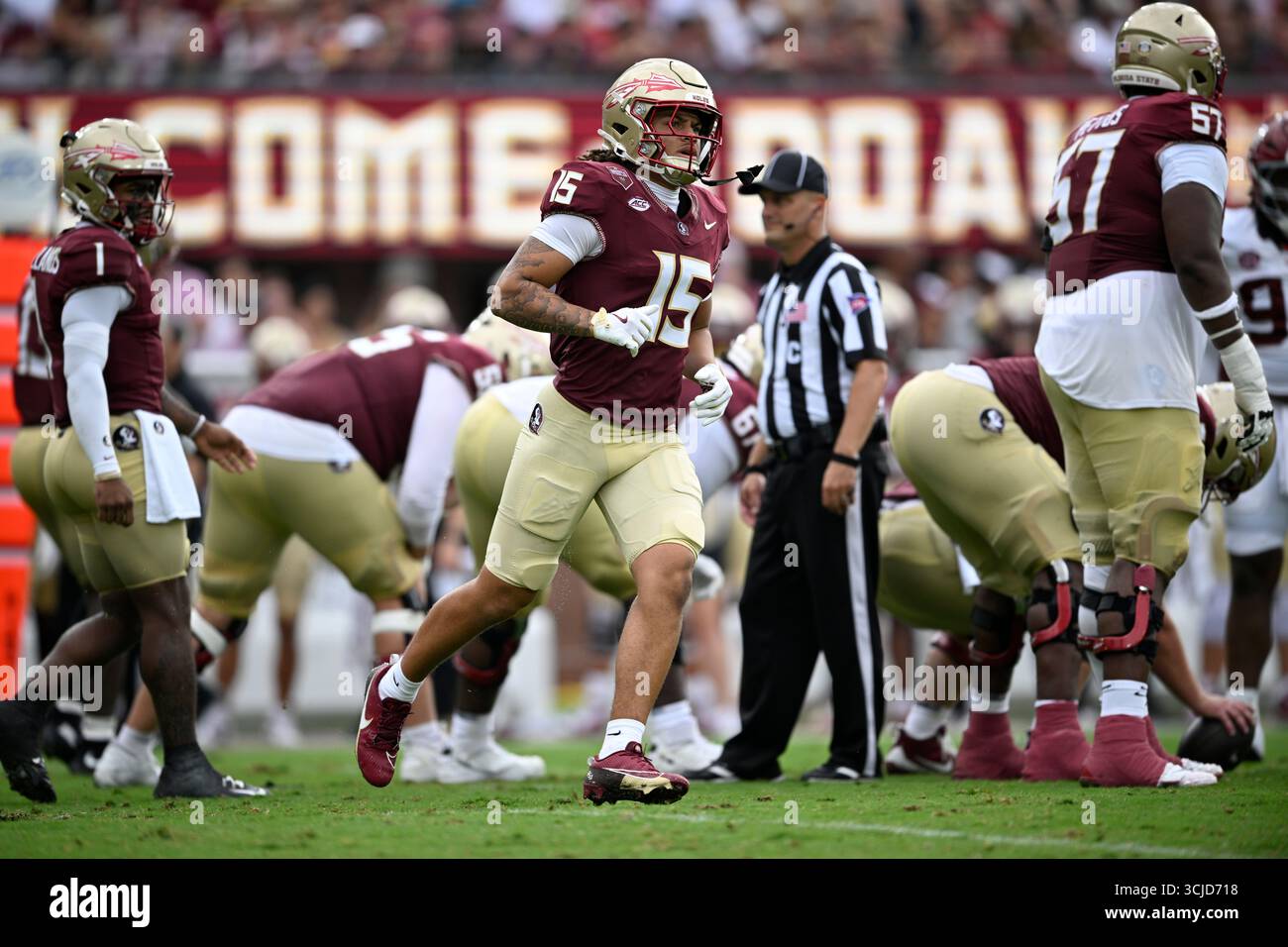 Florida State wide receiver Jayvan Boggs (15) sets up for a play against Alabama during the ...
