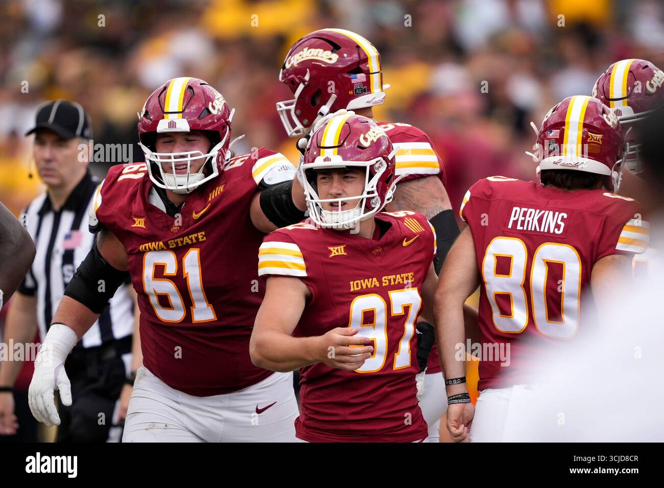 Iowa State place kicker Kyle Konrardy (97) celebrates with teammates ...