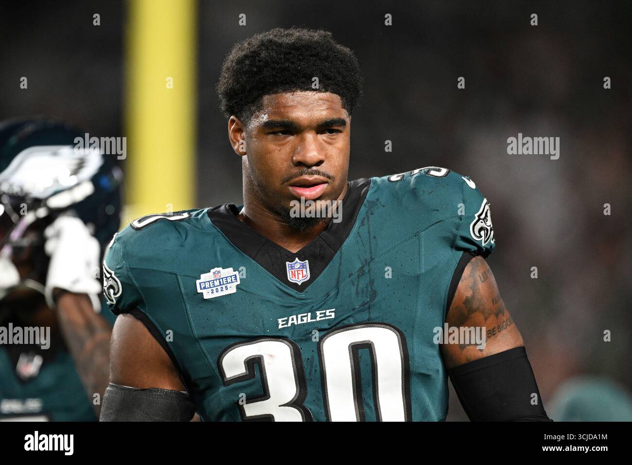 Philadelphia Eagles linebacker Jihaad Campbell (30) looks on during pre ...